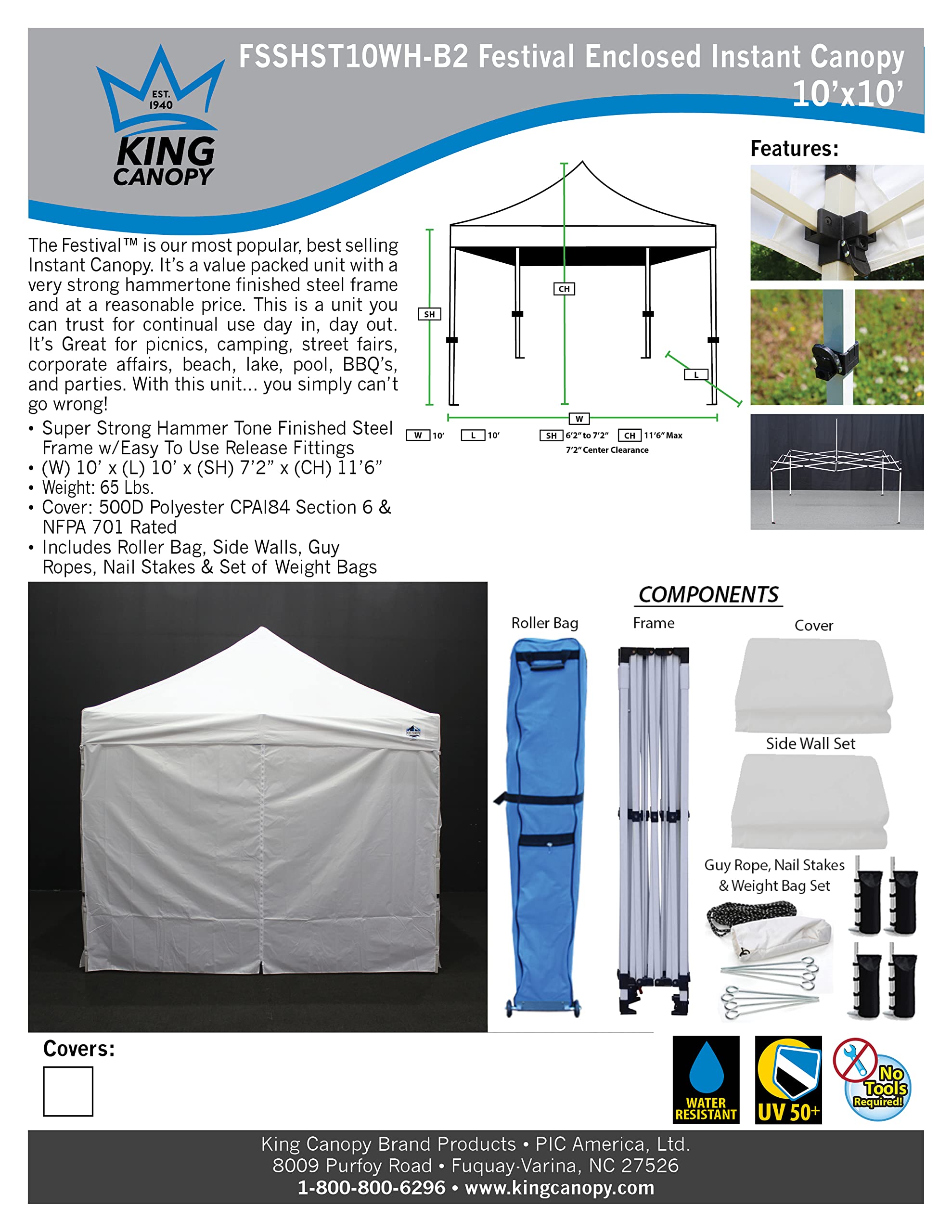 King Canopy Festival 10-Feet by 10-Feet Instant Pop up with 3 Solid Sides, 1 Zippered Door and Weight Bags, 1-Inch Steel Frame, White, FSSHST10WH-B2