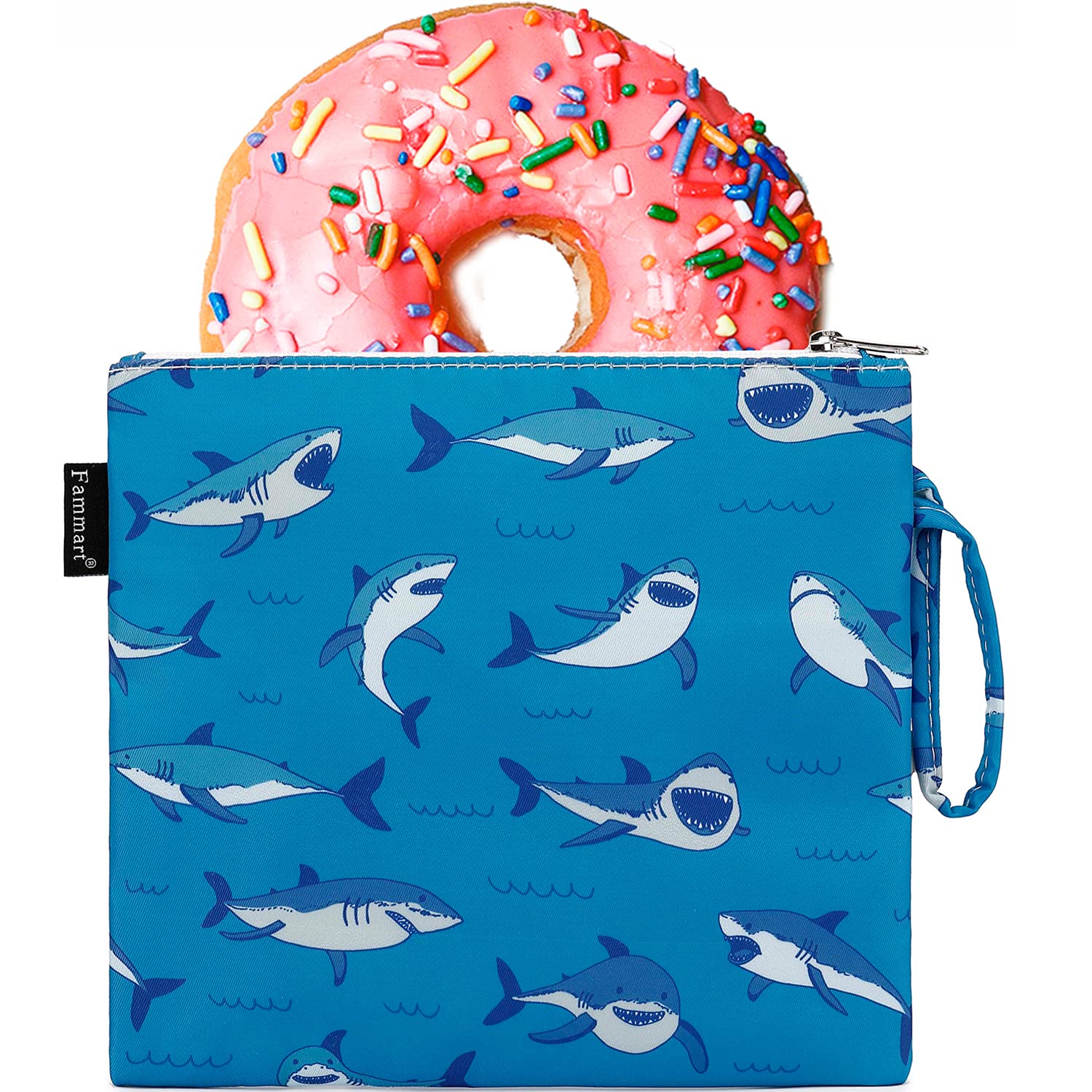Reusable Sandwich Bag/Snack Bag for Kids & Adults, Dual Layer Lunch Bag with Handle, Washable, Food Safe, BPA Free (1-Pack, Shark)