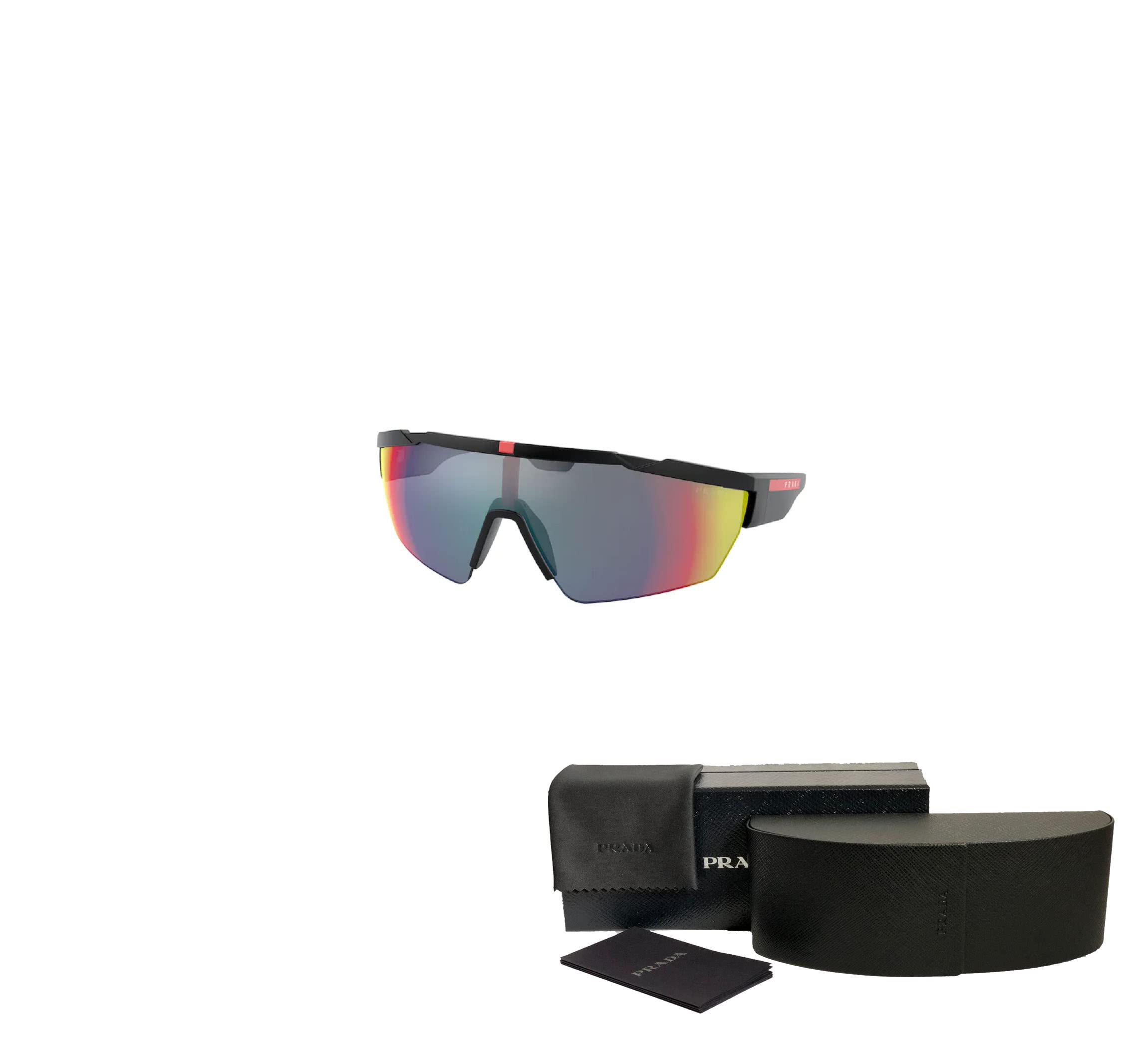 Prada PS03XS DG008F 44MM Black Rubber/Dark Grey Mirror Blue/Red Shield Sunglasses for Men + BUNDLE With Designer iWear Eyewear Kit