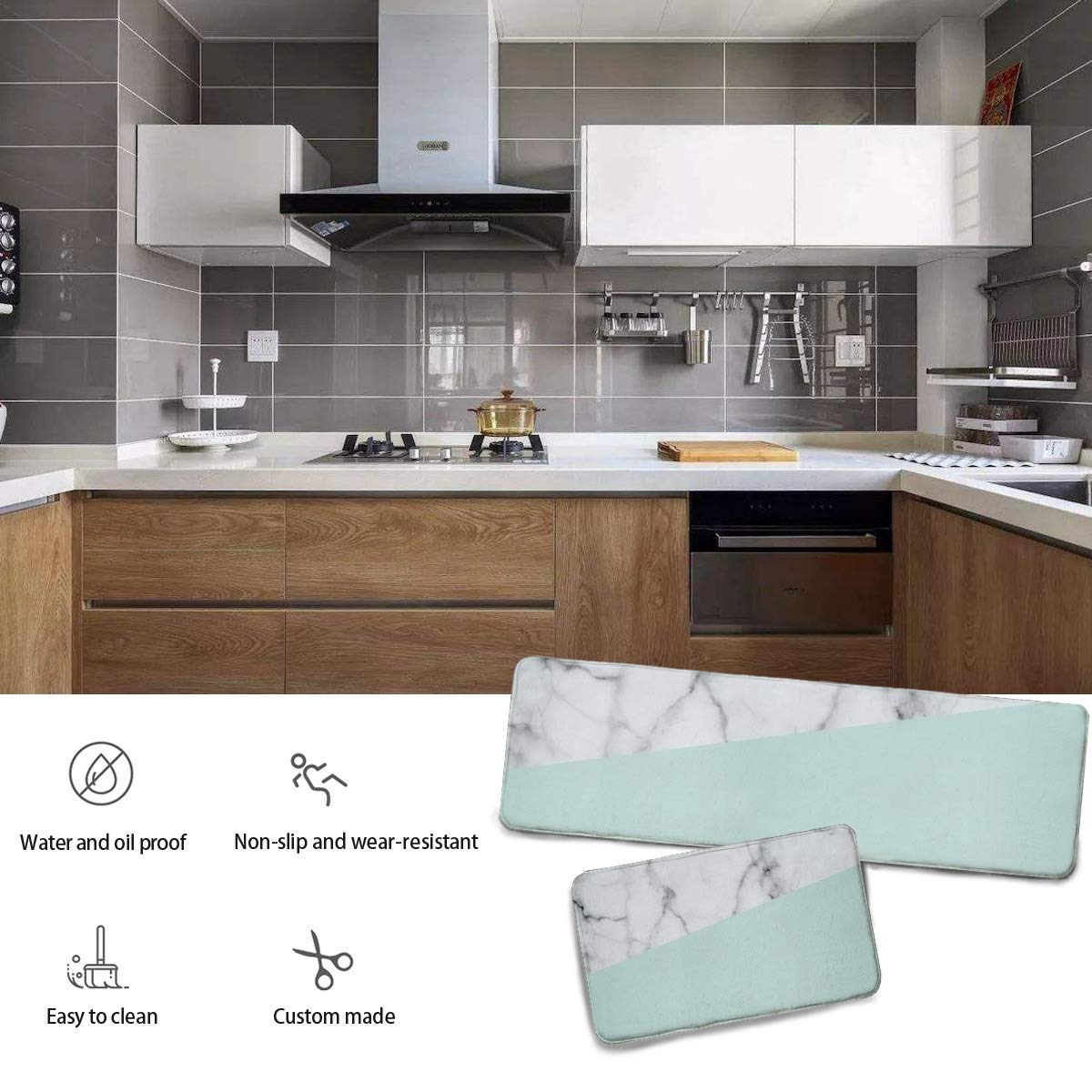 Midetoy Kitchen Rugs and Mats Set Real White Marble Half Pastel Mint Green Anti Fatigue Kitchen Rug Non Slip Floor Rugs Indoor Outdoor 17"X48"+17"X24"