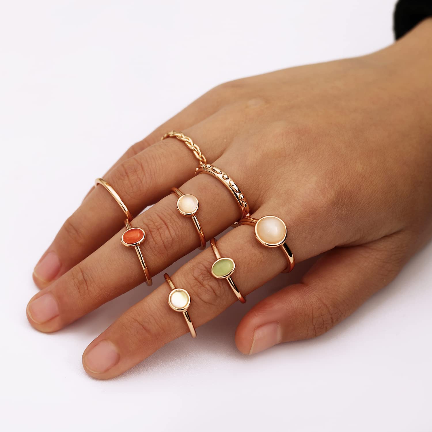 RLMOON 8PCS 14K Gold/Silver Plated Stackable Ring Set for Women Stacking Midi Finger Ring Agate Moonstone Rings SIze 7
