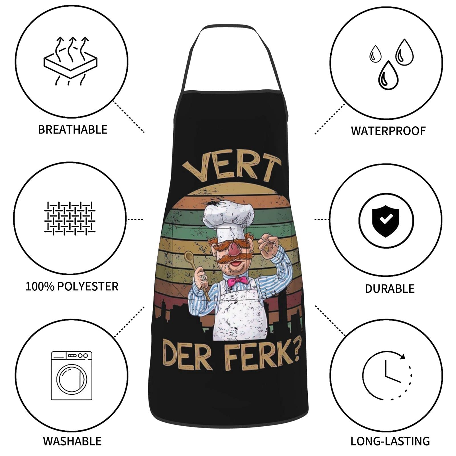 Retro Vintage Vert Der Ferk Swedish Chef Apron For Women & Men With Pocket, Waterproof Adjustable Funny Kitchen Chef Apron For Cooking Baking
