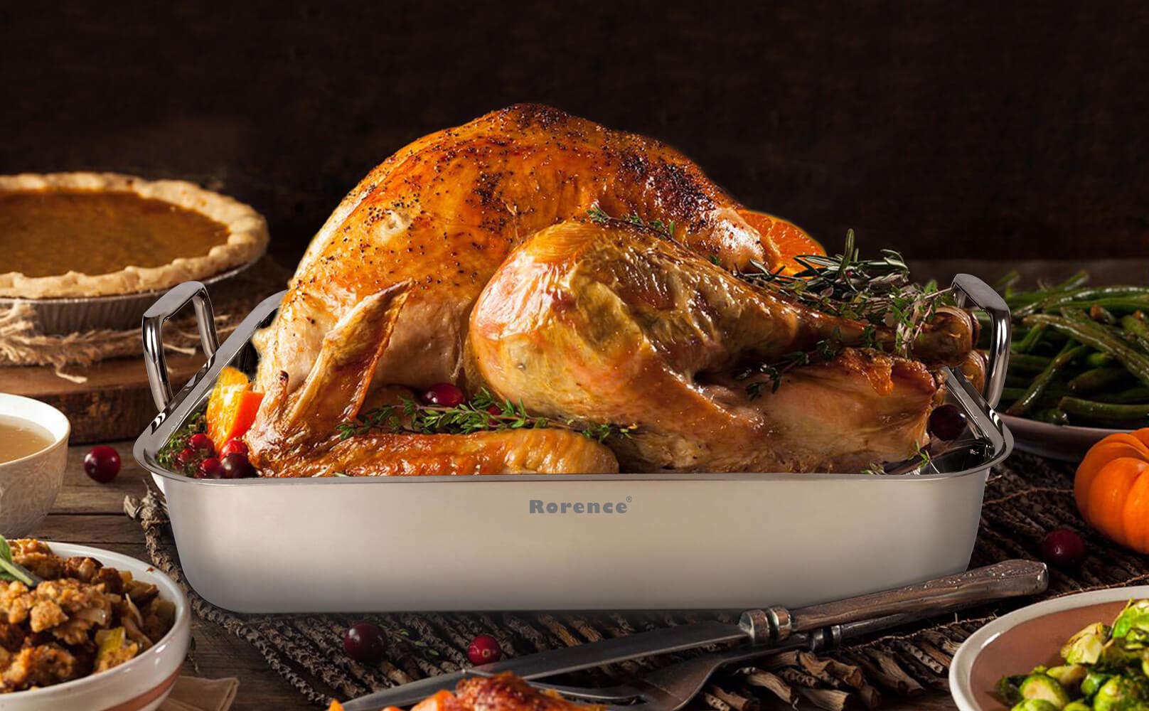 Rorence Roasting Pan with Rack: 16-Inch Stainless Steel Rectangular Turkey Roaster pan with Nonstick V-Shaped Rack for Thanksgiving Christmas – Set of 5