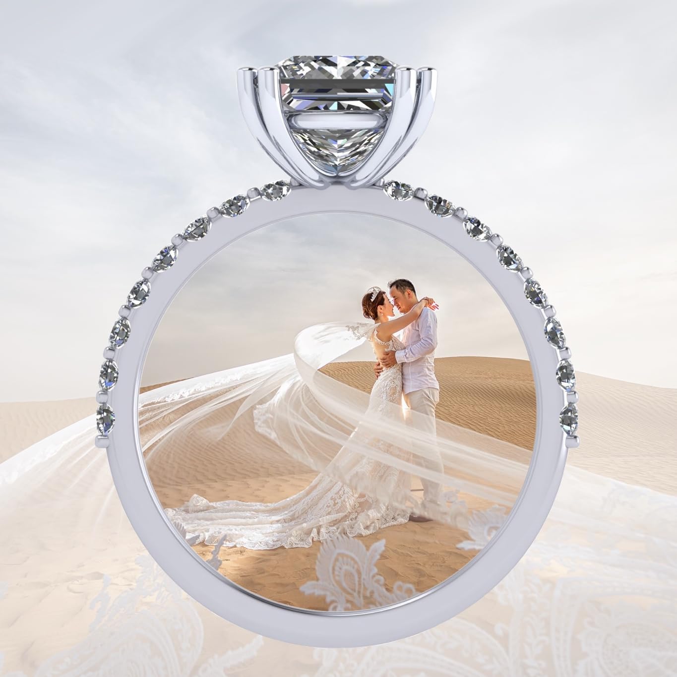NANA Jewels Silver 8mm (3ct) Princess Cut Pure Brilliance Zirconia Solitaire w/sides Engagement Ring-Rhodium Plated-Size 7