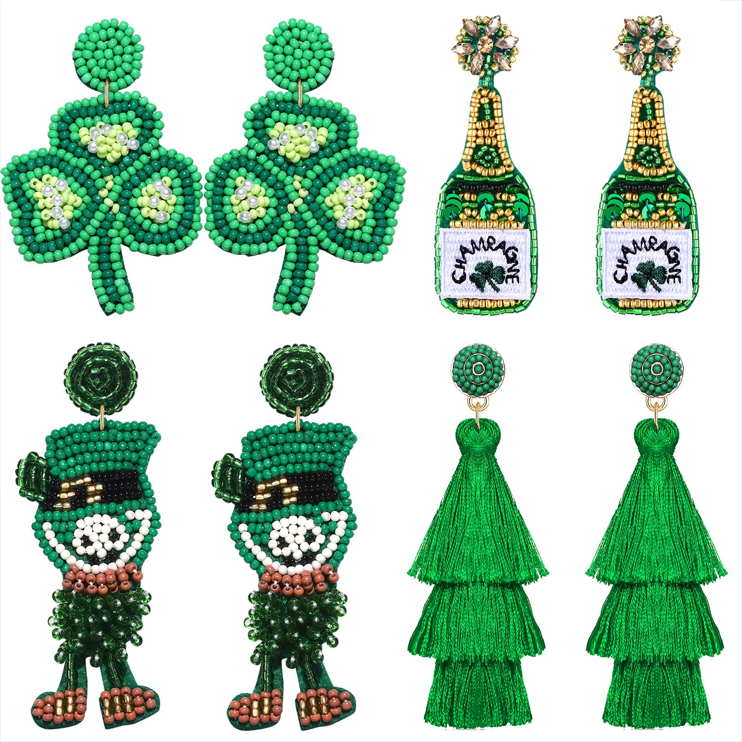 St.Patrick's Day Earrings for Women Beaded Green Shamrock Leprechaun Champagne Bottle Earrrings Lucky Gold Pot Tassel Dangle Earrings Irish Holiday Pride Jewelry Gifts