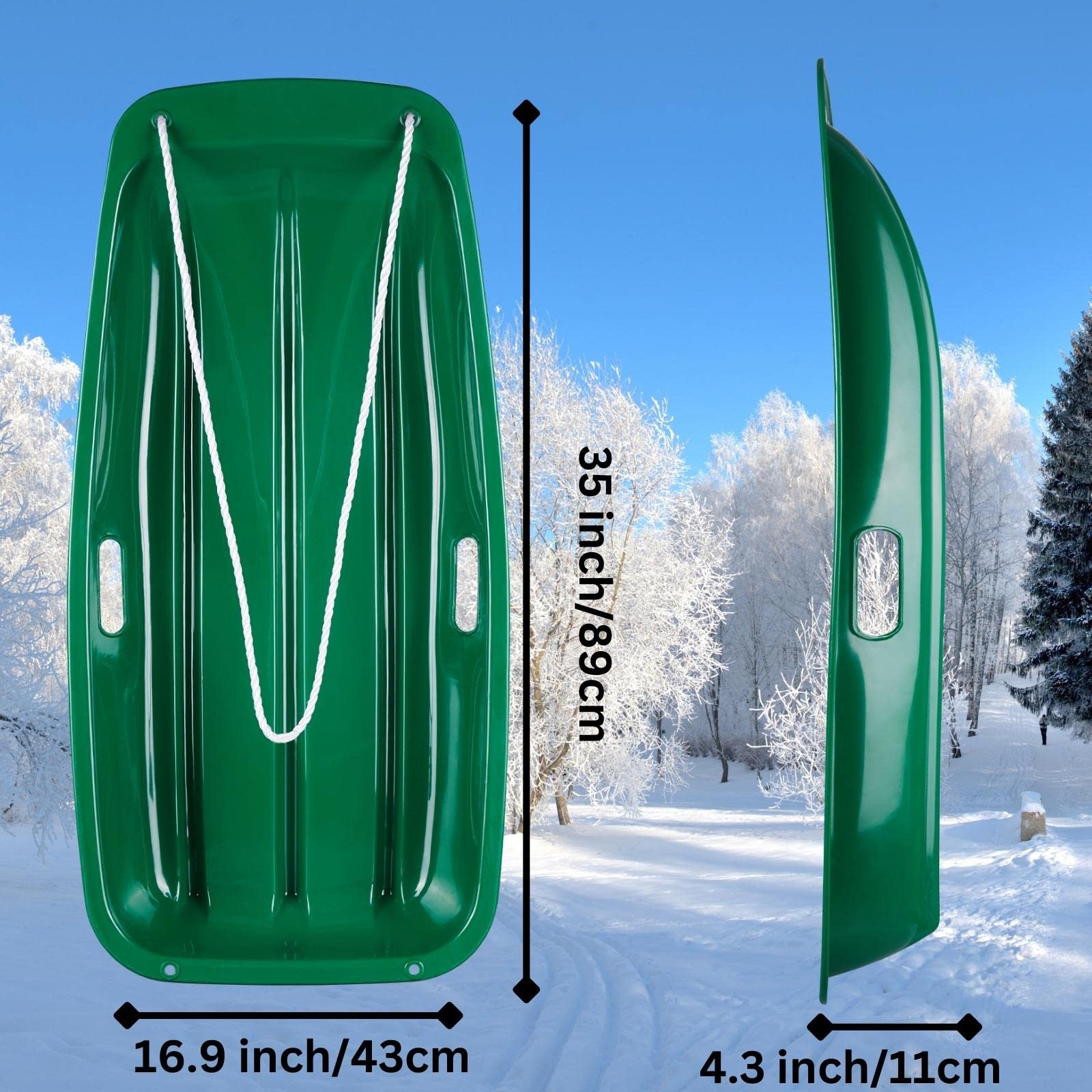 Rmiott Classic Plastic Snow Sled Toboggan for Kids Girls Boys Heavy Duty with Pulling Rope, 1-3 Rider Options, Multiple Pack Colors Available (Blue,Green, Pink, Purple and Red)