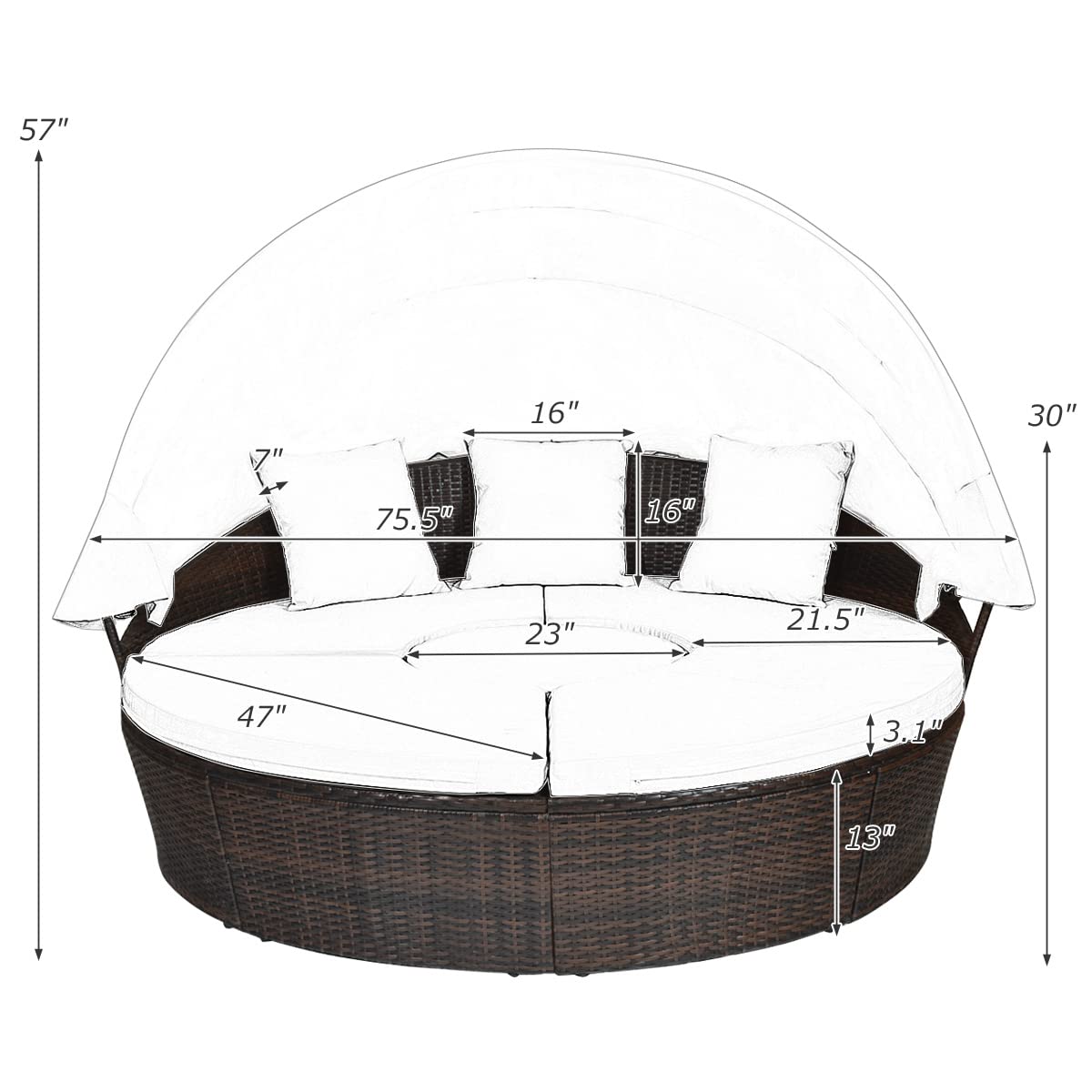 Tangkula Patio Round Daybed with Retractable Canopy, Outdoor Wicker Rattan Furniture Sets, Sectional Cushioned Sofa Set w/Height Adjustable Coffee Table, Rattan Conversation Sets (Turquoise)