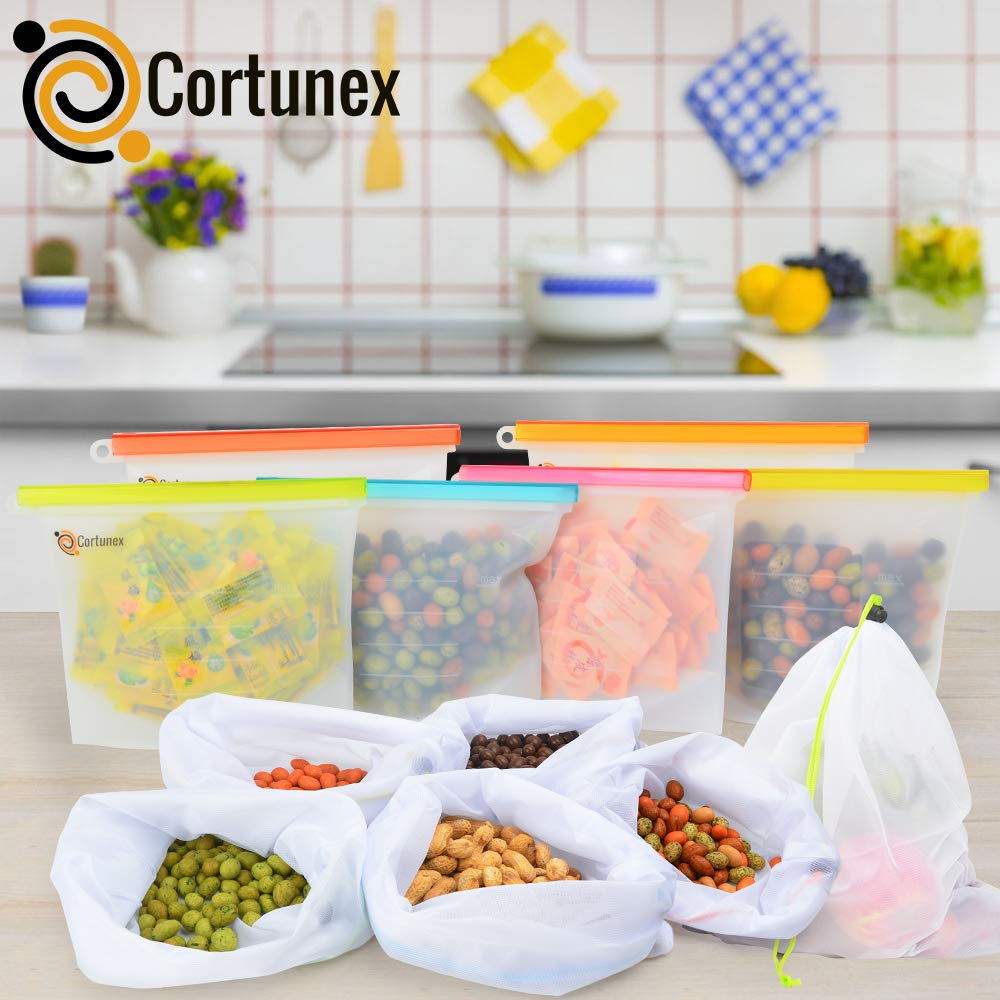 Reusable Silicone Food Storage Bags | 100% Food Grade Silicone Bags | LEAKPROOF, AIRTIGHT | Keep Fruit, Snacks, Veggie, Sandwich FRESH | Set Of 6 Bundle With 6 Reusable Mesh Produce Bags