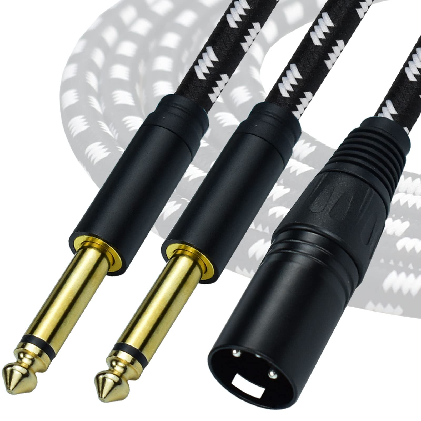 Mugteeve Dual 1/4 TS Mono to XLR Male Y Splitter Cable, 10 Feet Stereo L/R Quarter Inch to XLR Instrument Cable, for Mixer, Electric Drum, Keyboard Recording, Nylon Braided, Black White Color