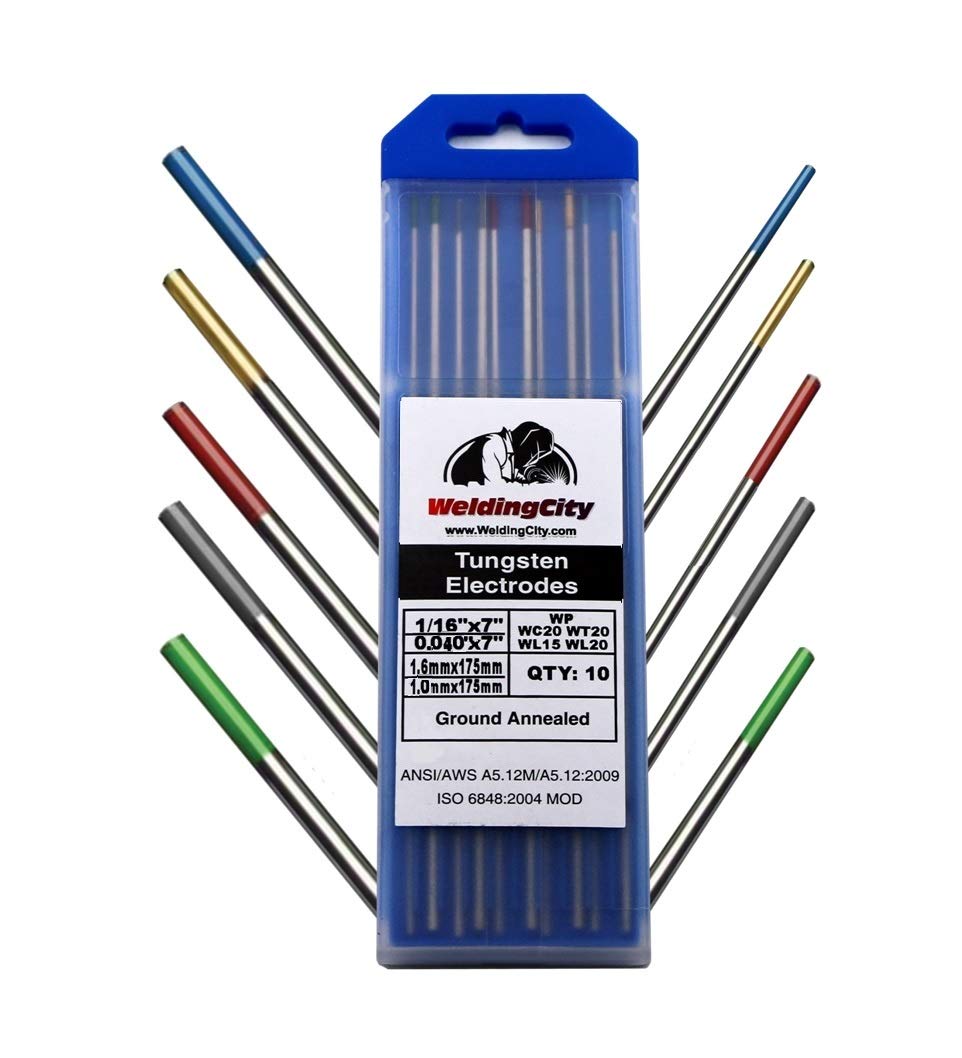 WeldingCity 10-pk Premium TIG Welding Tungsten Electrode 1/16"-3/32" x 7" ASSORTED ALLOYING Green-Red-Gray-Gold-Blue