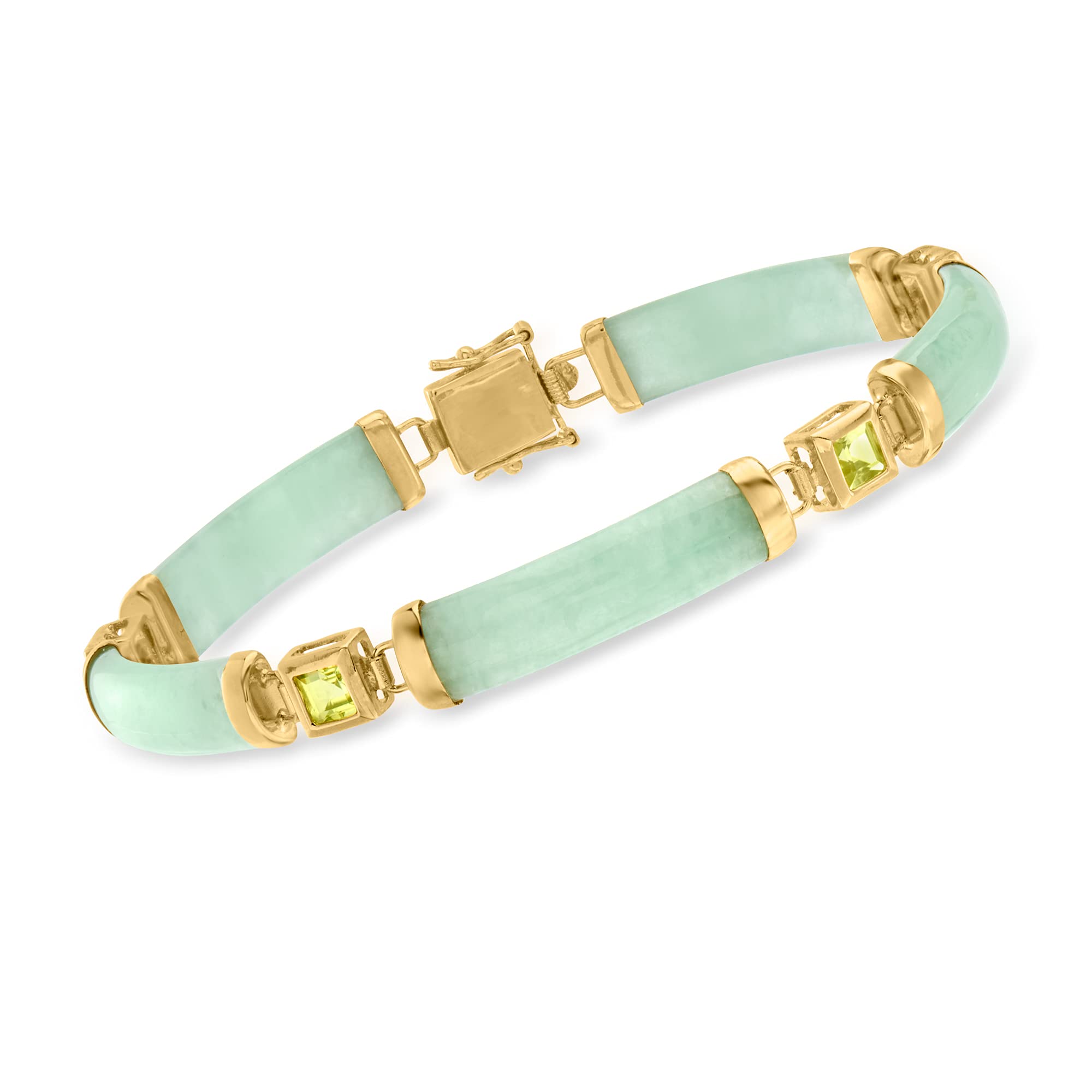 Ross-Simons Jade and 1.50 ct. t.w. Peridot Good Fortune Bracelet in 18kt Gold Over Sterling. 7.5 inches