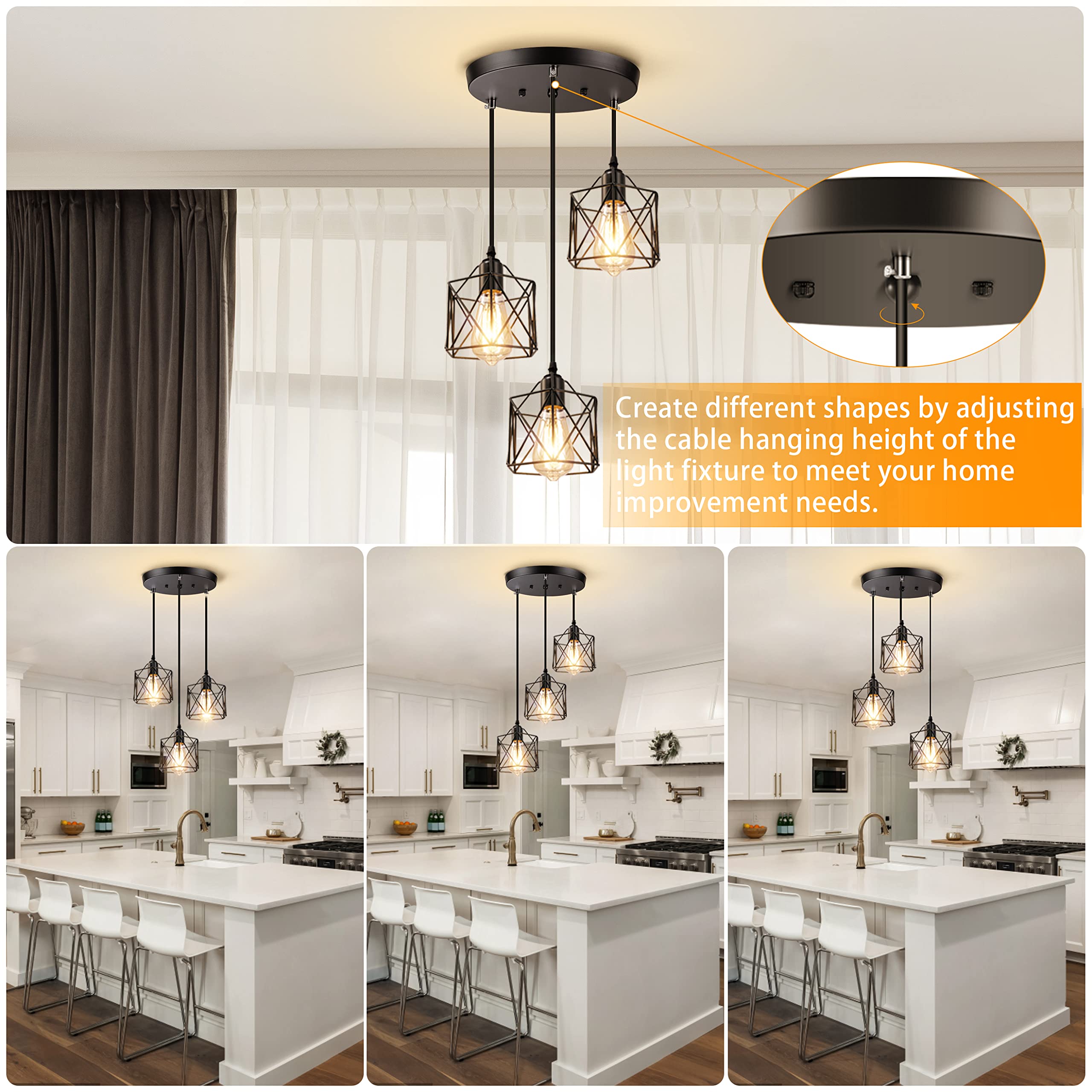Licperron Industrial 3-Light Pendant Light, Adjustable Kitchen Hanging Ceiling Light Fixtures with Metal Cage, Black Farmhouse Pendant Lighting for Kitchen Island Dining Room Hallway, E26 Base