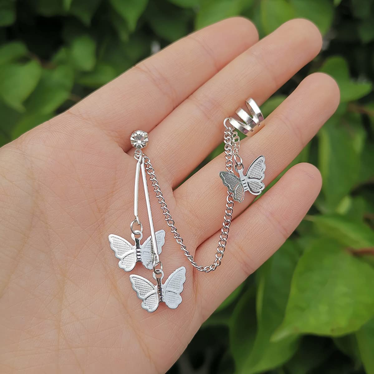 Nanafast 4 PCS Butterfly Dangle Earrings Set for Women Butterfly Tassels Drop Ear Cuff Clip Chain Stud Earrings for Girls-Silver2