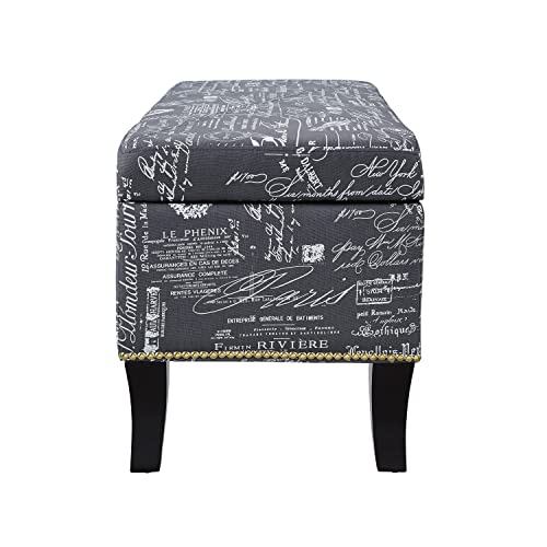 Linon Stephanie Script Linen Ottoman, 32"W x 16"D x 18"H, Gray/Black