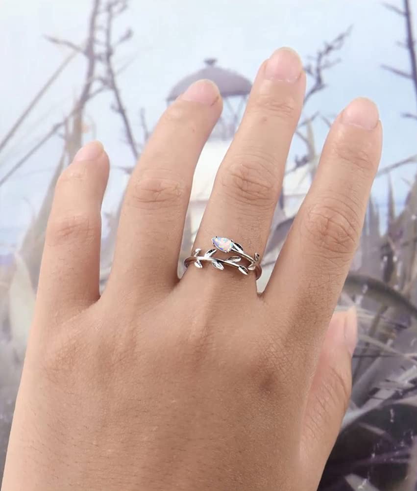 PRAYMOS 925 Sterling Silver Leaf Ring White Opal Rings for Women Adjustable Rings Wrap Opal Engagement Wedding Rings Size 7 8 9 Christmas Gifts for Women