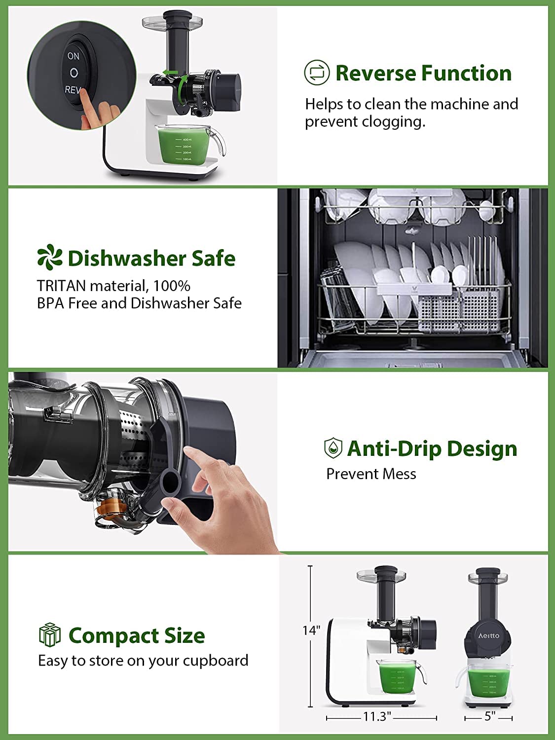Slow Juicer, Aeitto Cold Press Juicer, BPA Free Juicer Machines Easy to Clean, Celery Juicer with Quiet Motor & Reverse Function, Masticating Juicer for Vegetable and Fruit