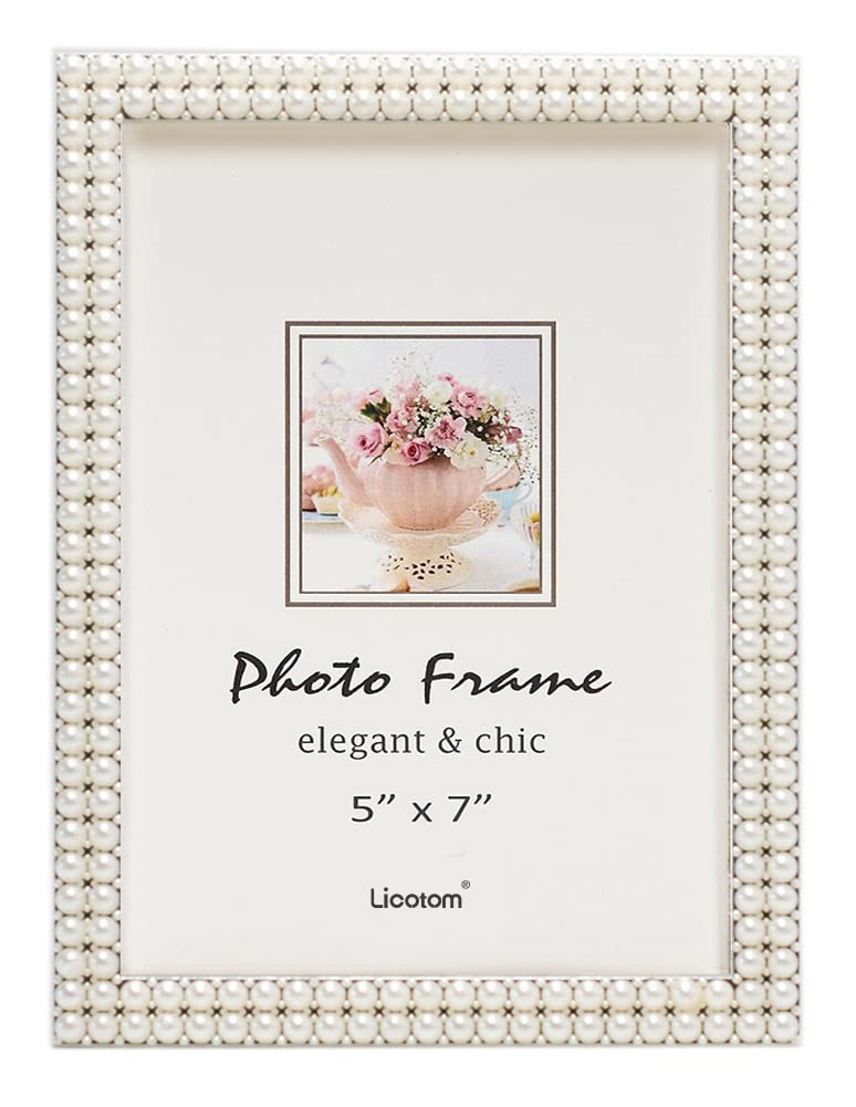Licotom Metal Picture Frame Silver Plated with Pearls 5x7 Inch, Special Occasion Anniversary Wedding Gift Photo Frame