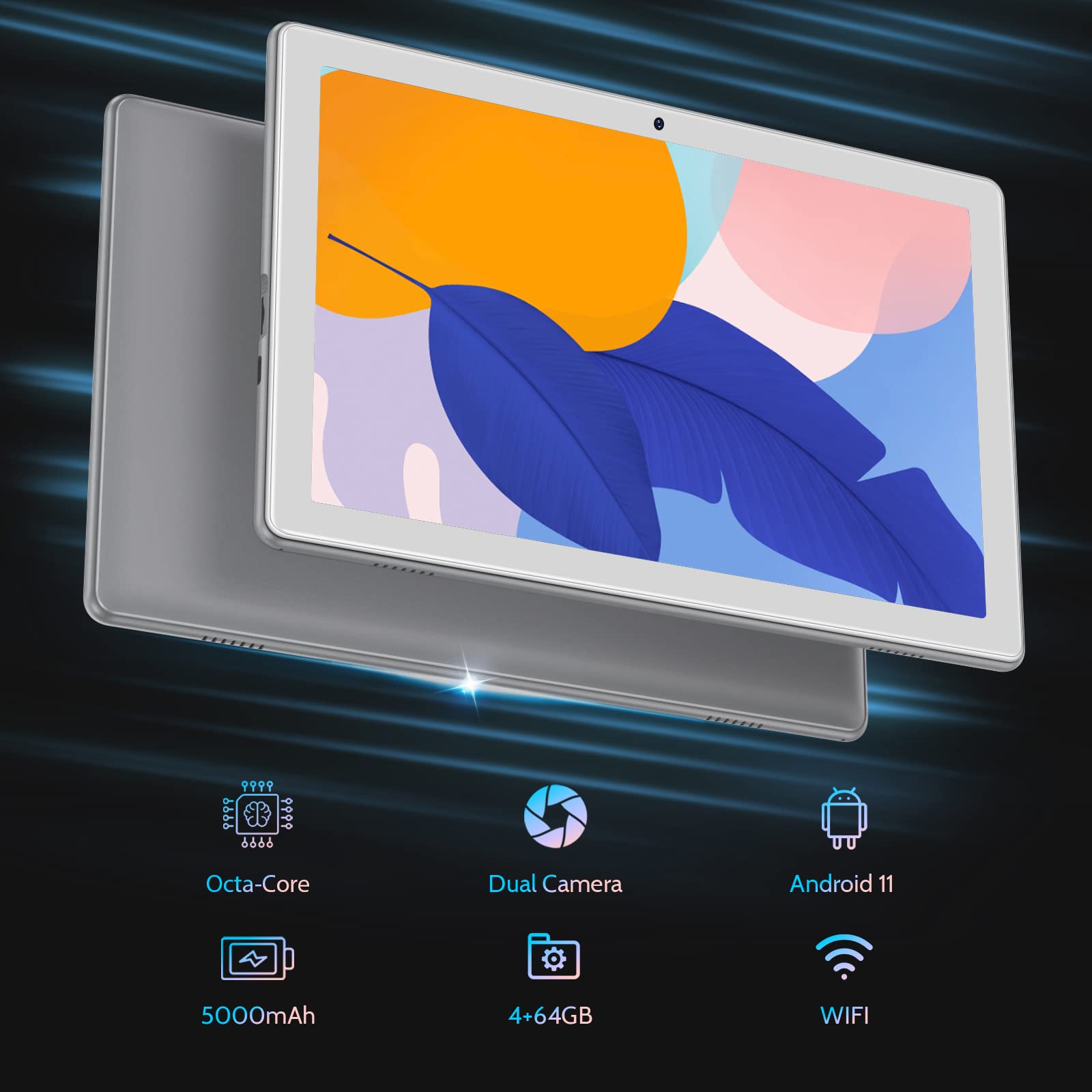 YUMKEM Tablet 10.1 inch, 4GB RAM, 64GB ROM, Android Tablet with Bluetooth Keyboard, Android 11 Go, Quad-Core Processor, 5000mAh Battery, 1280 * 800 HD IPS Display,Metal Housing,Silver