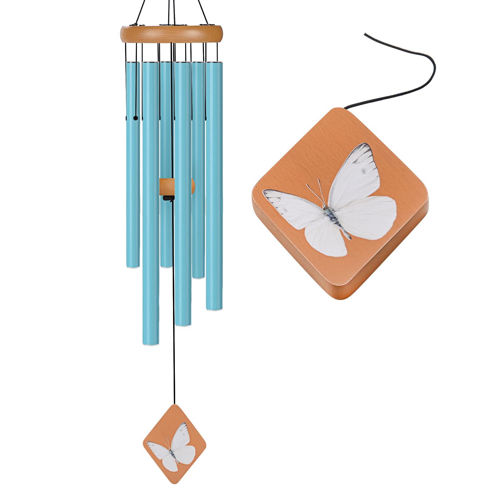 LGEGE Wind Chimes for Outside,White Butterfly Aluminum WindChime with Turquoise Blue Tubes, Unique Creative Outlook, for Father’s Day (32inch)