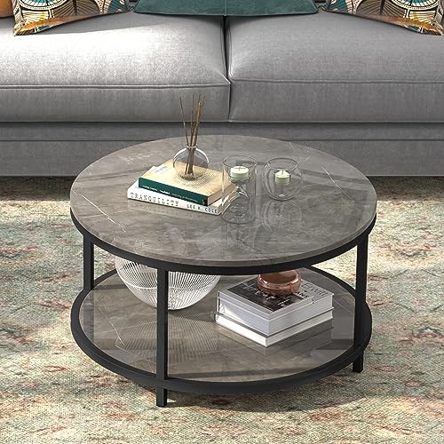 WiberWi Round Coffee Table 33.5" Coffee Tables for Living Room High Glossy Faux Marble Top Modern Circle Table Sturdy Black Metal Frame Legs Cocktail Table with Storage Open Shelf