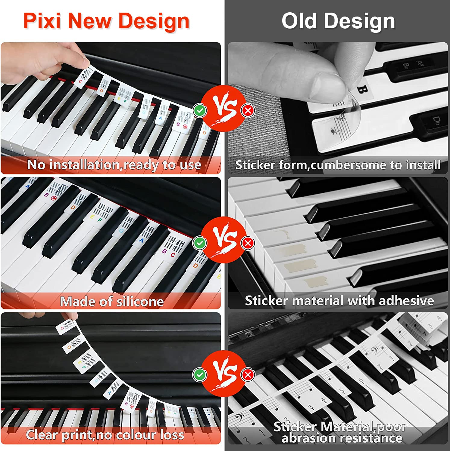Removable Piano Notes Label for Beginners,Pixi Silicone Piano Notes Labels Guide with Cleaning Brush for Piano Learning Kit, 61/88-Key Full Size Removable Piano Keyboard Note Labels Sticker (Rainbow)