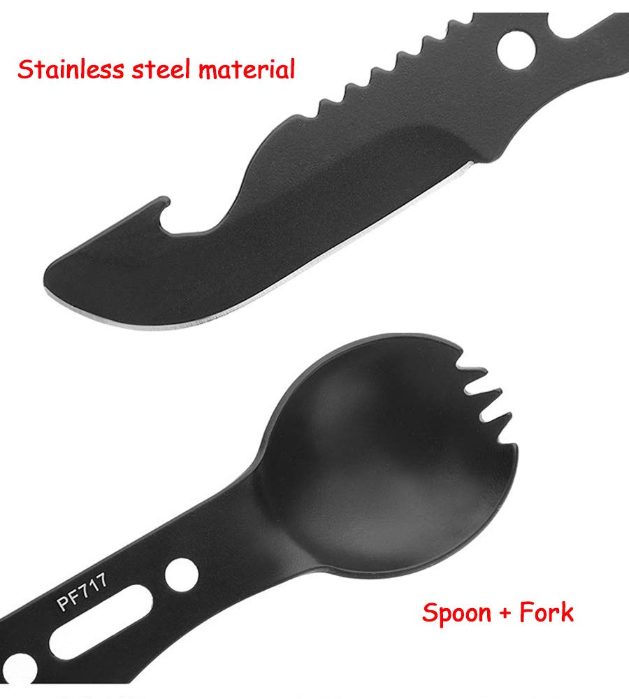 Multi-Function Portable Camping Tool,Stainless Steel Fork Spoon Knife Combo Utensil with Bottle Opener/Emergency Whistle/Saw Tooth Blade/Rope, Survival Multitool for Hiking/Hunting (Black-Black)