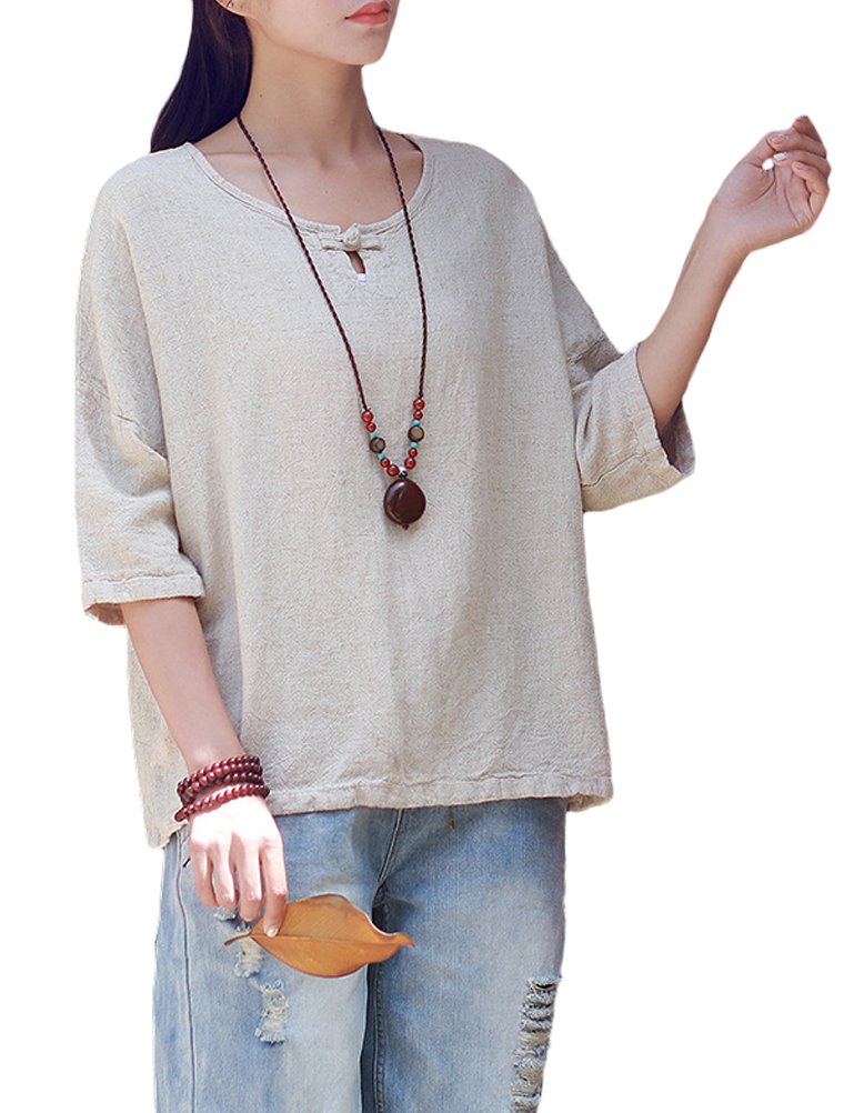 Minibee Women's Elbow Sleeve Linen Tunic Tops Solid Color Retro Blouse Linen L