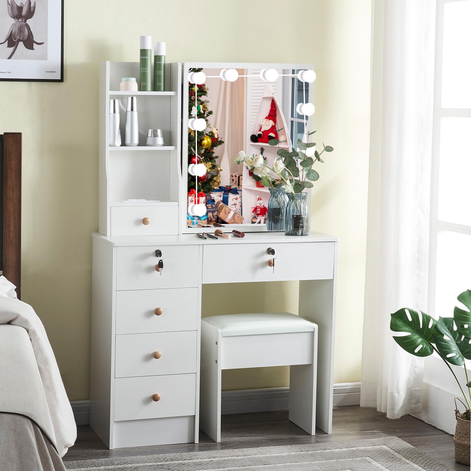 Lucaseone Makeup Vanity Desk with Lights Mirror, Vanity Desk with Sliding Mirror and 5 Drawers,Storage Shelves,Vanity Table for Bedroom (961905usb)