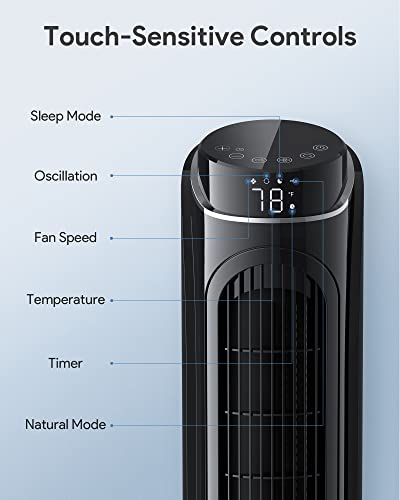 Tower Fan with Remote, 3 Speeds Wind Modes, 360 Degree Oscillation, 24H Timer, Standing Bladeless Floor Fans for Home Bedroom and Office, 40 Inch, Black
