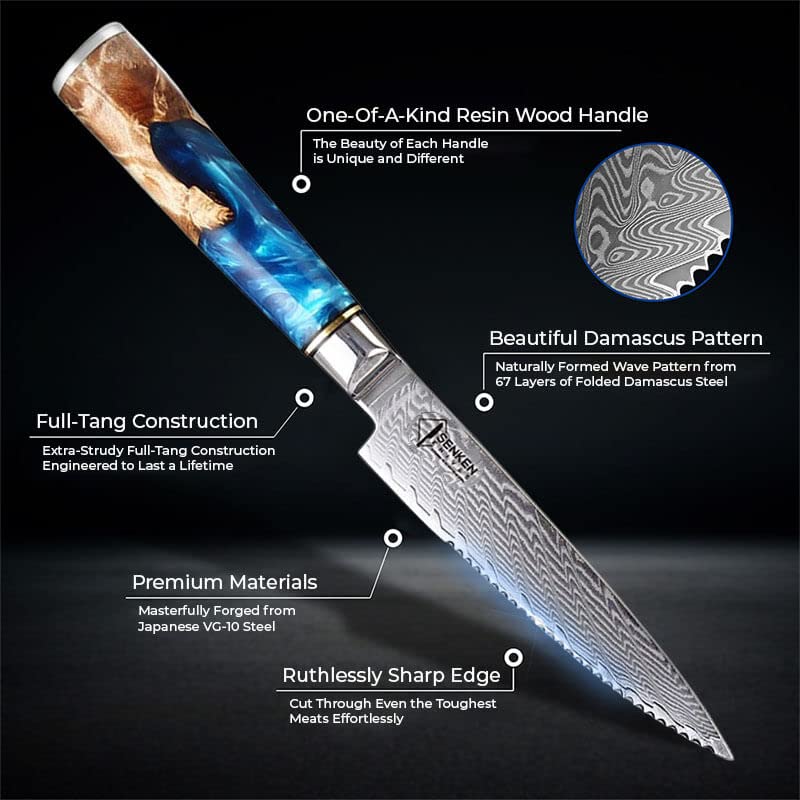 SENKEN 13-Piece 67-Layer Damascus Steel Kitchen Knife Set - "Tsunami" Collection - 7-Piece Chef Knife Set with 6 Matching Damascus Steak Knives