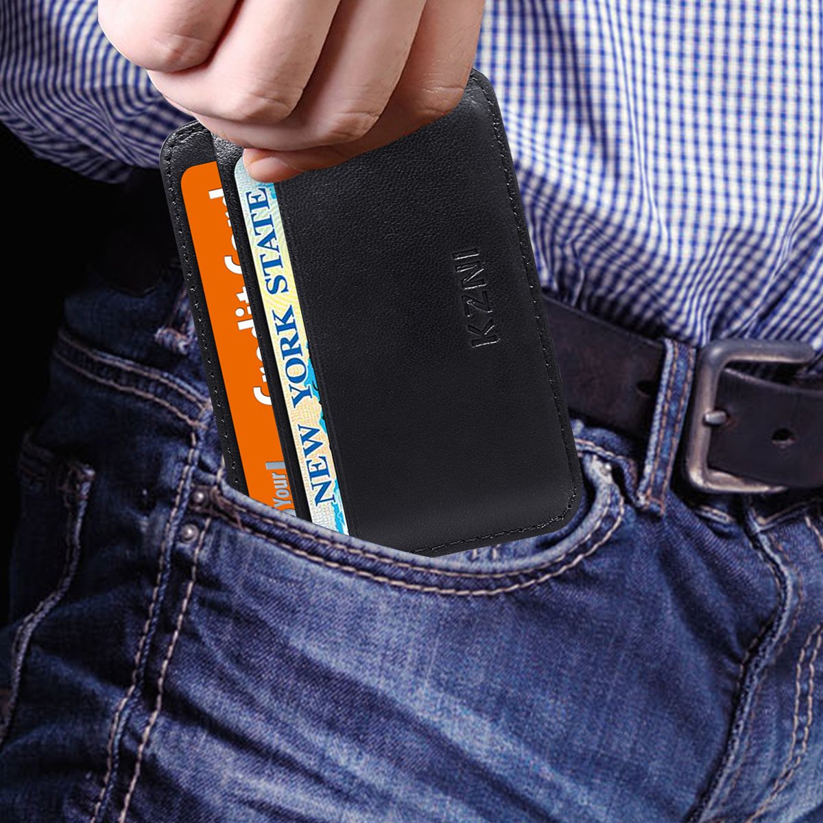 KZNI Money Clip, Front Pocket Wallet Credit Card Holder ID Case,Genuine Leather Slim Wallet for Men Black Thin Small (Black)