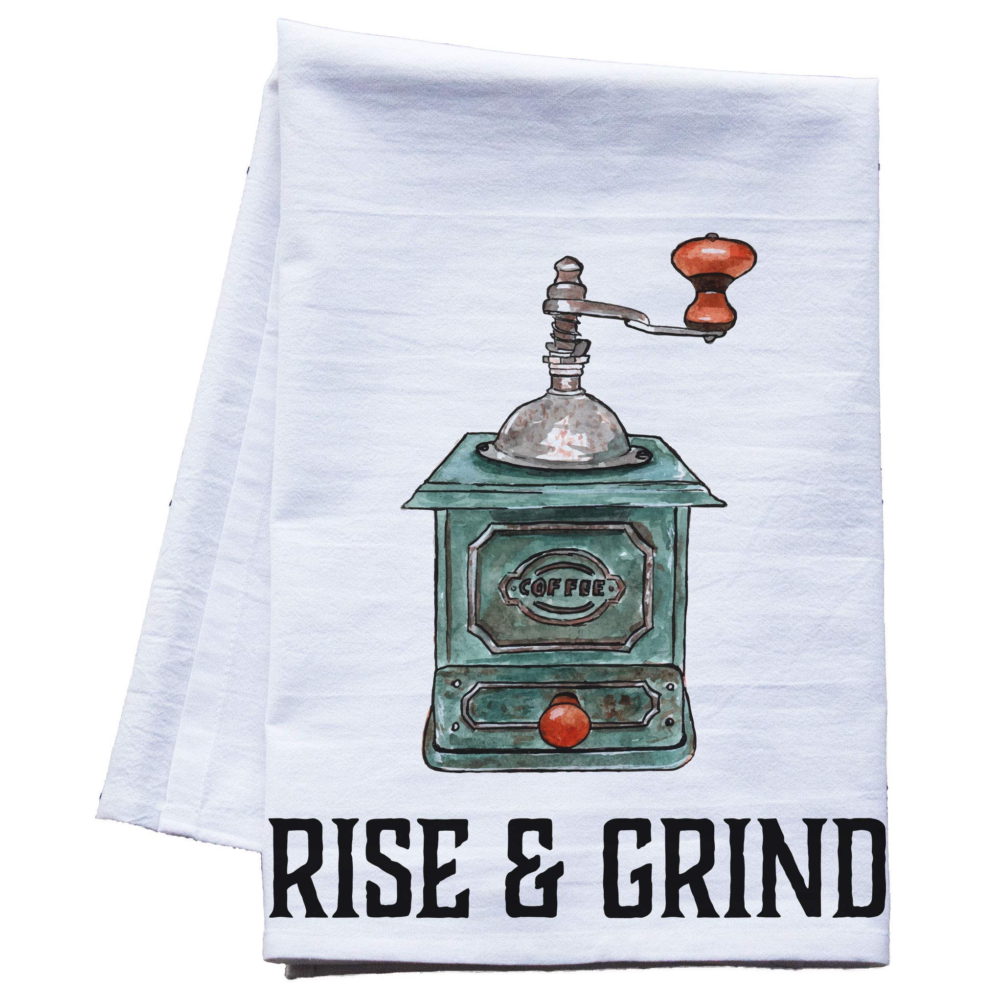 Rise and Grind Premium Tea Towel - Vintage Coffee Grinder, XL Flour Sack Tea Towel, dish towel, Coffee themed gifts for the Coffee Station - Made in the USA