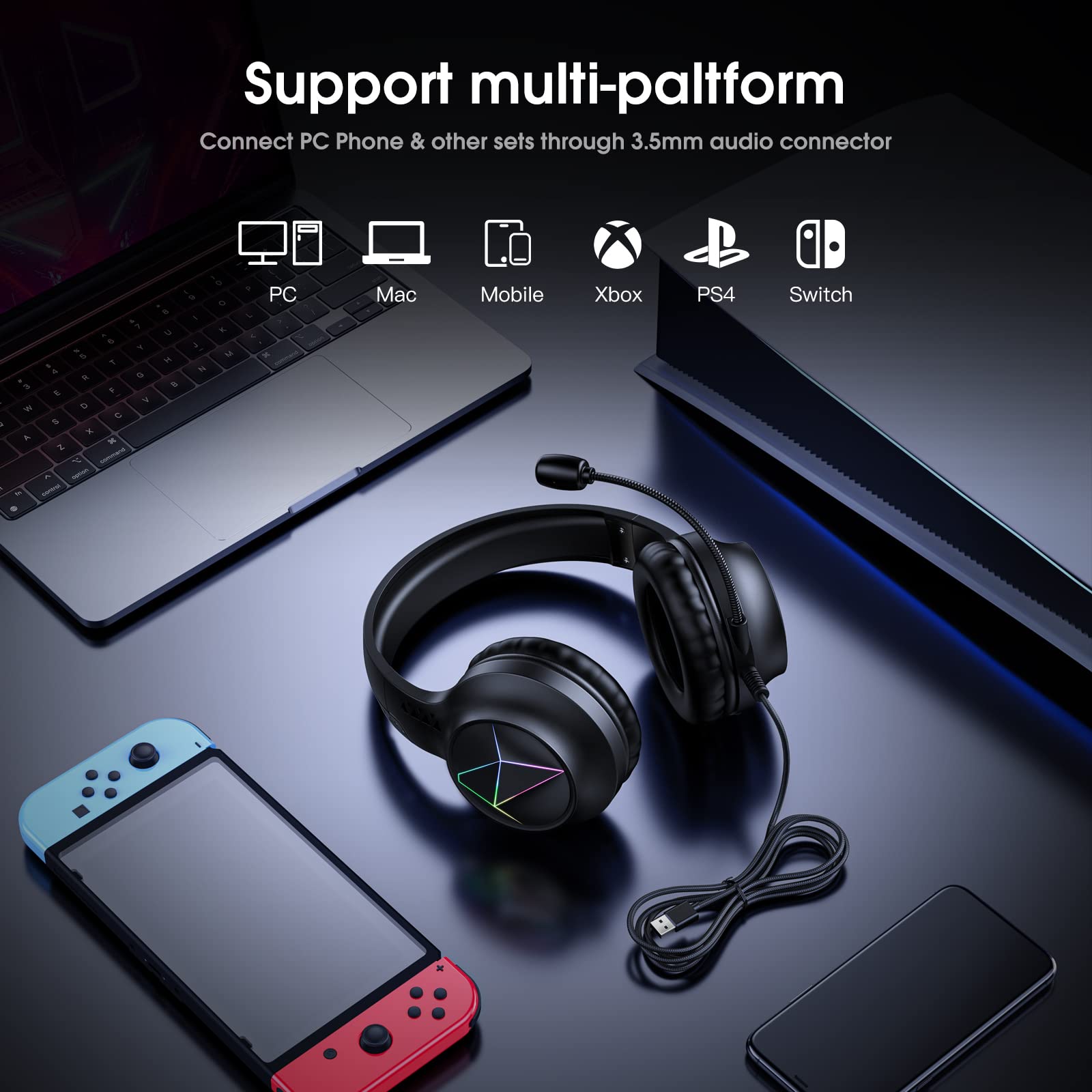 ONITOON Gaming Headset, PS4 Gaming Headphones with Noise Canceling Mic & Diamond RGB LED Light, Soft Memory Earmuffs, USB Wired and 3.5mm Jack Compatibility for Laptop, PC, PS5, Mac, Laptop