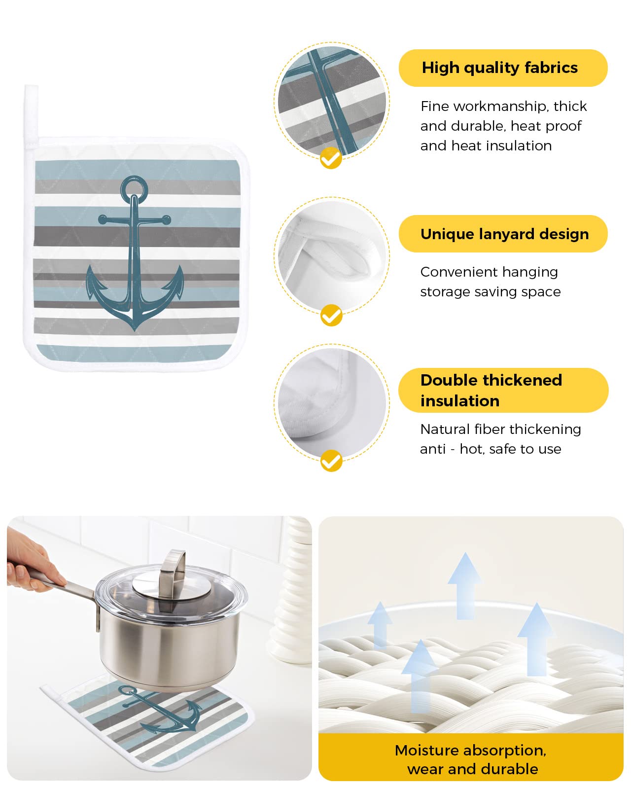 Pot Holder Set of 2 Coastal Nautical Anchor Potholder Heat Proof Non-Slip Pot Holders,Blue Grey Stripe Hot Pads Potholders for Kitchen Cooking Baking BBQ