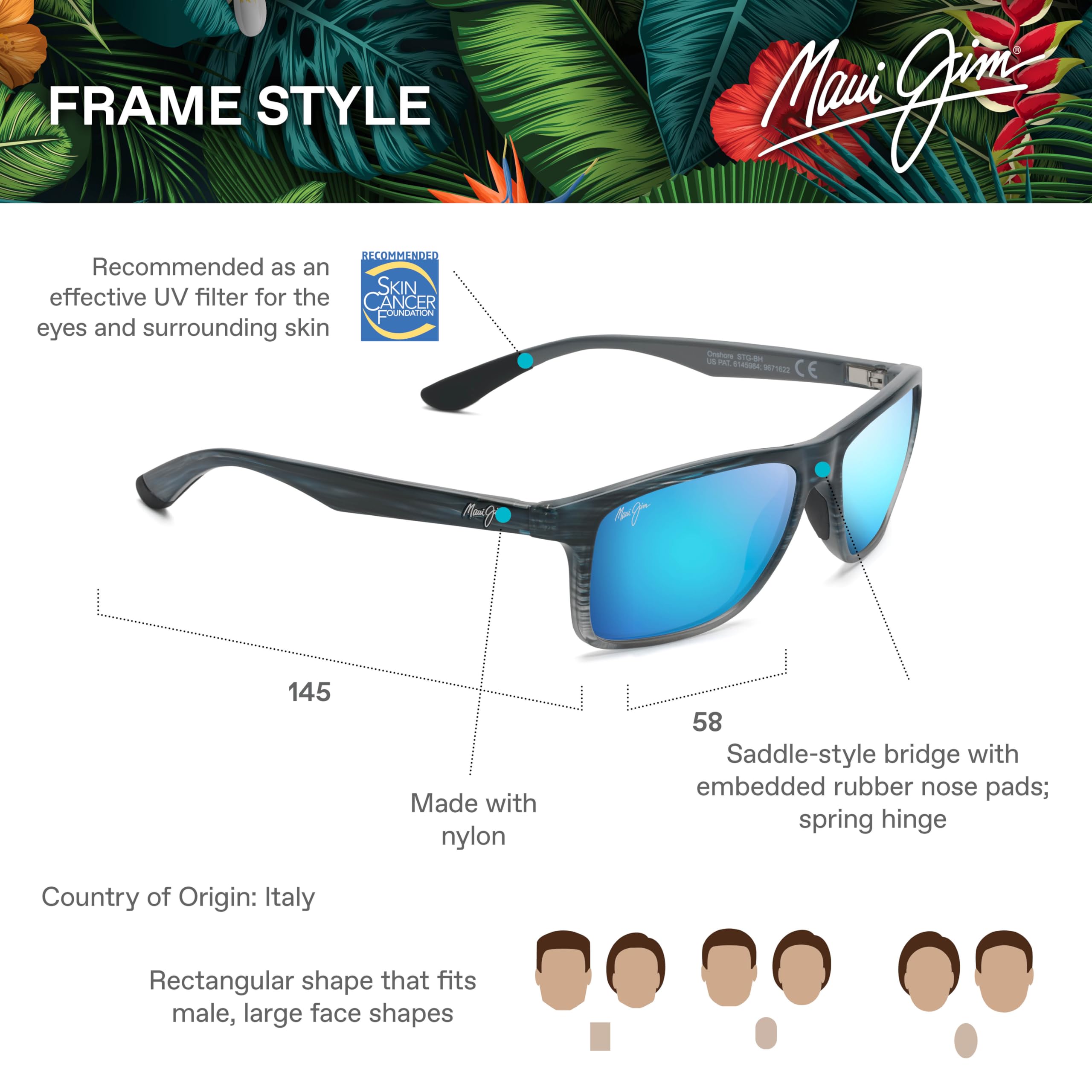 Maui Jim Men's Onshore Polarized Rectangular Sunglasses, Blue Black Stripe Fade/Blue Hawaii, Large