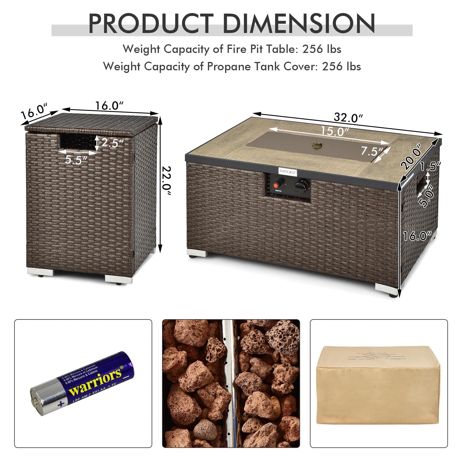 Tangkula 2 Piece Outdoor Propane Fire Pit Table Set with Hideaway Propane Tank Holder, Patiojoy 40,000 BTU Rattan Wicker Fire Pit Table with Lava Rocks, Waterproof Cover, Ideal for Backyard, Patio
