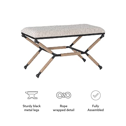 Linon Upholstered Seat Farrow Metal Campaign Bench, Black/White Striped