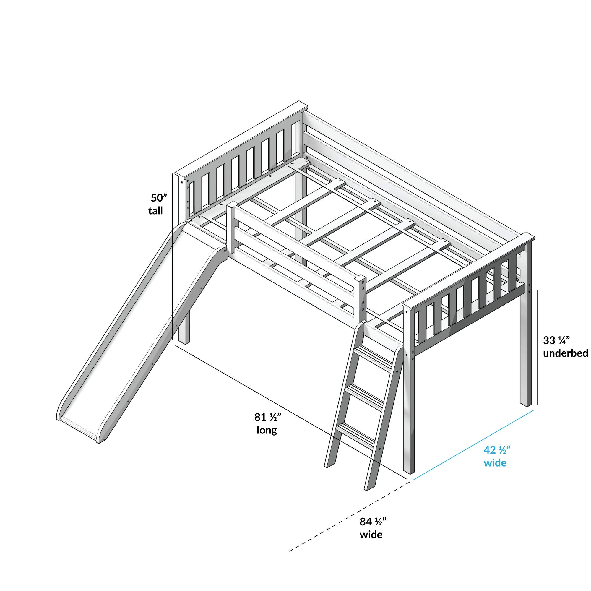Max & Lily Low Loft Bed, Twin Bed Frame For Kids With Slide and Curtains For Bottom, White/Blue
