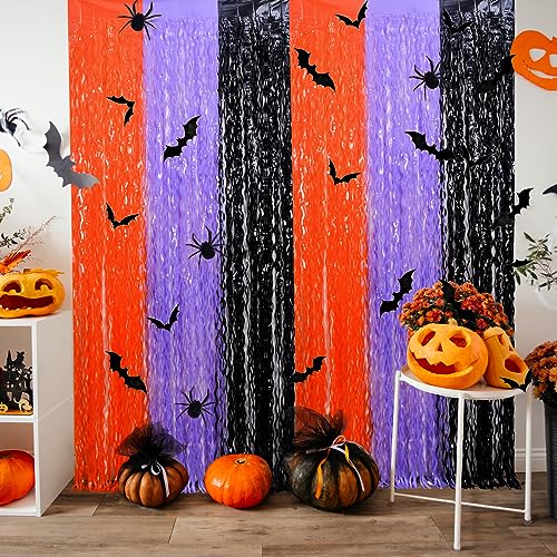 Mega-L Halloween Foil Fringe Curtains, 3 Pack Orange Purple Black Photo Booth Props, 18 Pcs PVC Bat & Spider Stickers Wall Decals, Halloween Photo Backdrop Wall Decor for Halloween Party Decorations