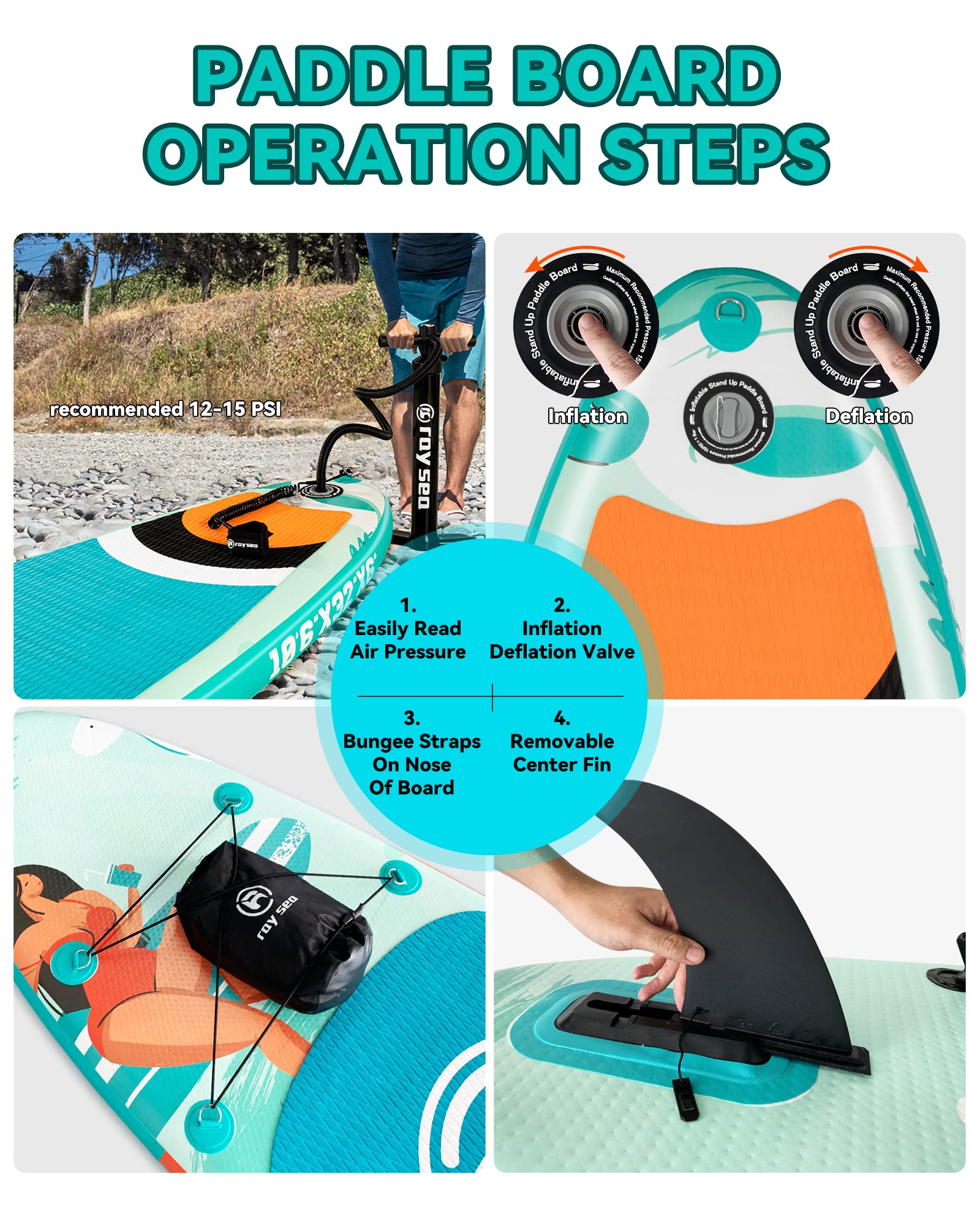 RAYSEA Inflatable Paddle Boards, 10'6'' Stand Up Ultra-Light SUP for All Skill Levels, w/Accessories Backpack, Anti-Slip Deck, Leash, Adjustable Paddle and Hand Pump, Waterproof Bag