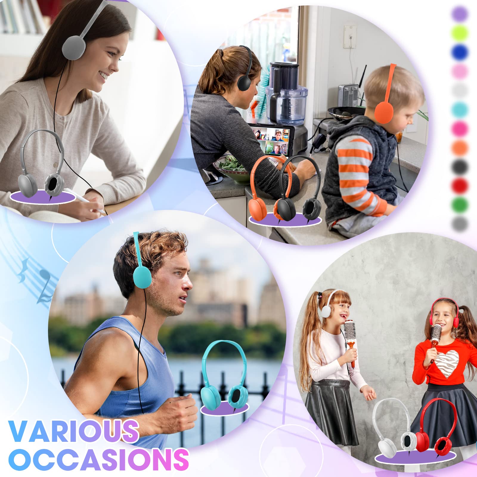 Yunsailing 48 Pack Bulk Headphones for Classroom Multi Color on Ear Headphone Adjustable School Wired Headphone Library Headphone with 3.5 mm Plug for Adults Kids Student Museum Travel Plane Tablet