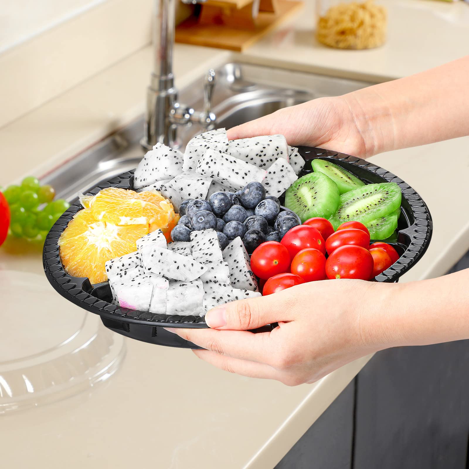 Patelai 10 pcs Plastic Veggie Tray with lid Fruit Trays Round Disposable Appetizer Serving Trays with 6 Divided Compartment for Vegetable Salad Food Snack Serving Platter