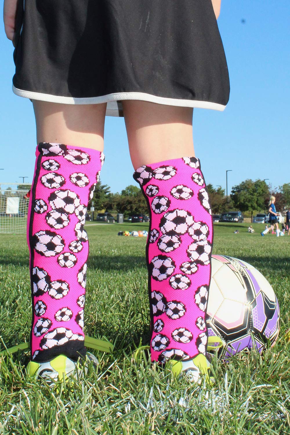 MadSportsStuff Crazy Soccer Socks with Soccer Balls over the calf (Neon Pink/Black, Medium)
