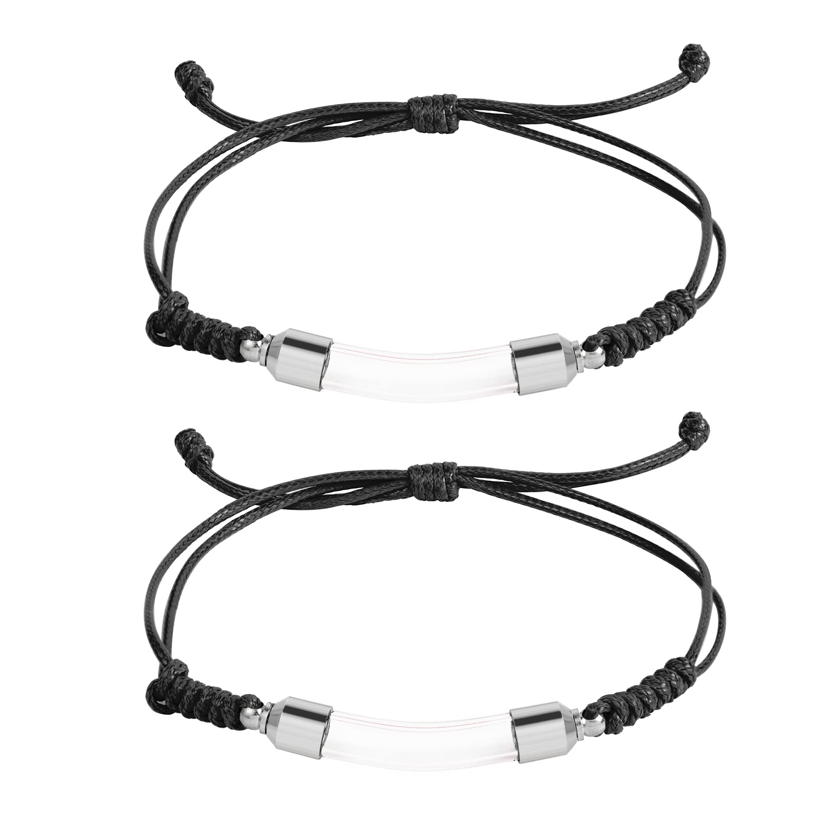 Retebuy 2PCS/Set Couple Rope Bracelets Memorial Bracelets Bangle Adjustable Transparent Glass Tube Bracelet,Double Black
