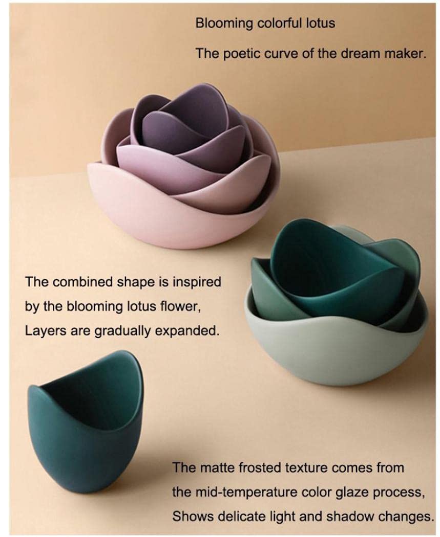 Set of 5 Lotus Ceramic Bowl Set, Decorative Porcelain Bowls Set for Salad, Oatmeal, Pasta, Fruit, Cereal, Soup, Rice, for Home Decor (Mint Green)