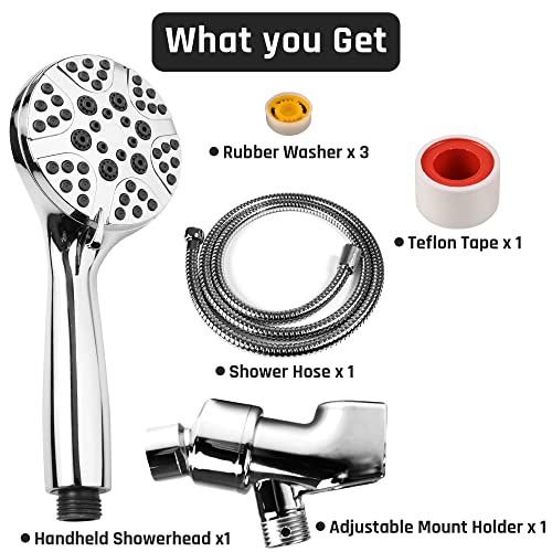Shower Head with Handheld Anti-clog Nozzles, Powerful Jet Spray, 5 ft Stainless Steel Hose 8-Functions Shower Head Mounting Accessories Included