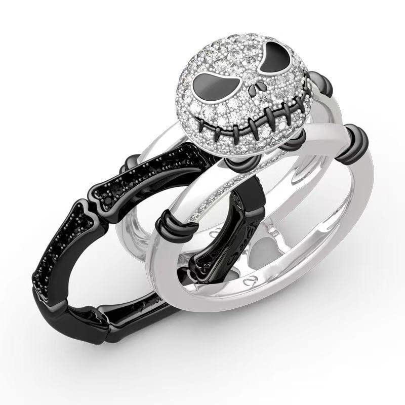 Skull Cute Christmas Ring, Halloween Ring Nightmare Before Christmas Ring, Christmas Rhinestone Finger Ring 2 in 1 Skeleton Ring (11, Black)