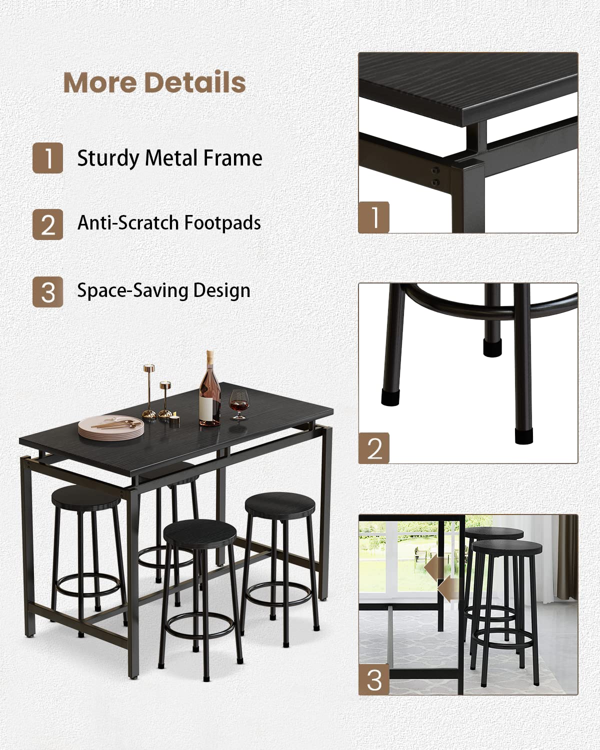 Lamerge Bar Table Set of 4,Industrial 5 Piece Breakfast/DiningTable Set,43" Pub Height Table & 4 PU Upholstered Stools with Backrest,for Living Room,Kitchen,Bar,Rustic Brown & Black & Brown