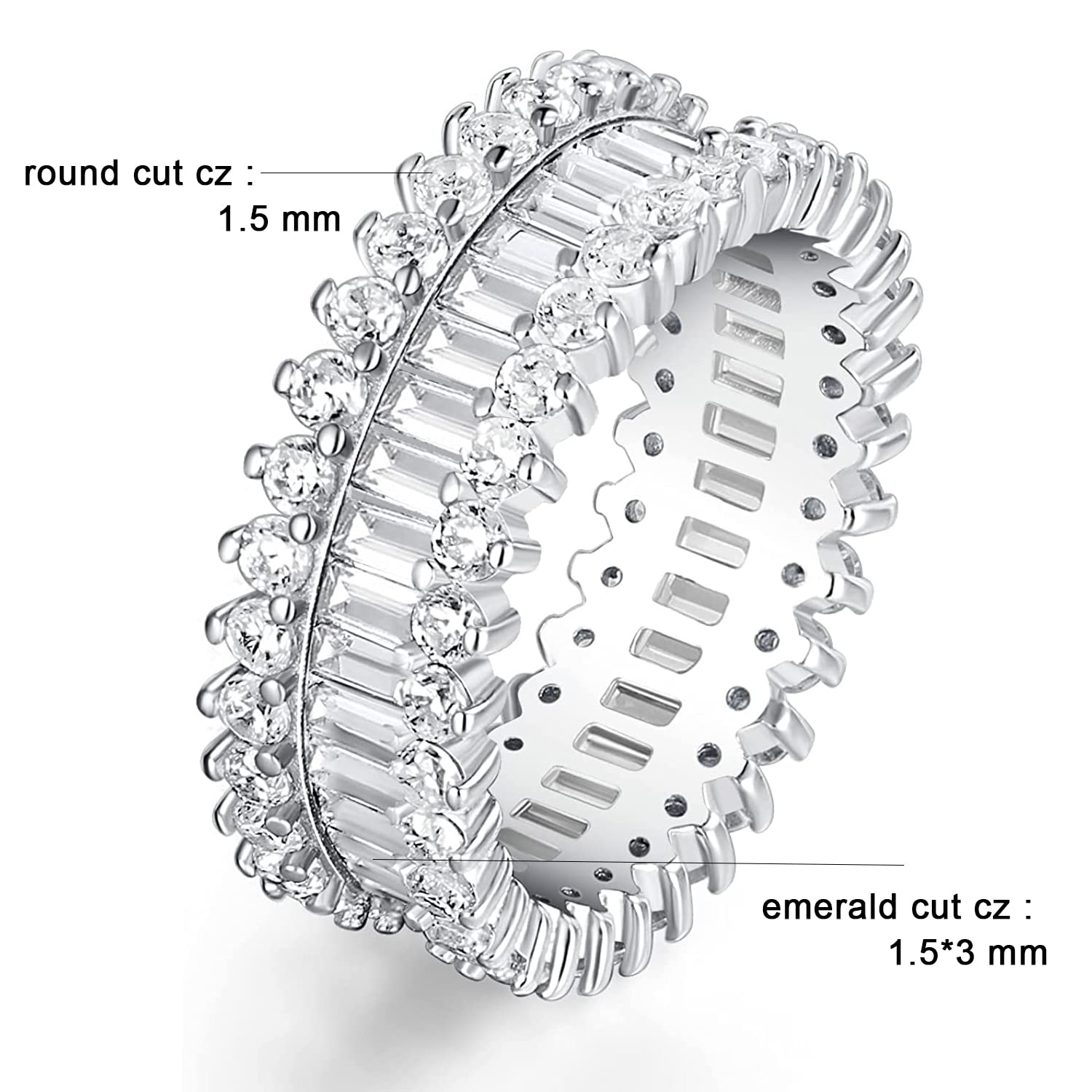 OPOMOMO Eternity Rings 18K White Gold Plated Emerald Cut Cubic Zirconia Ring Halo Wedding Band for Women Men (8)