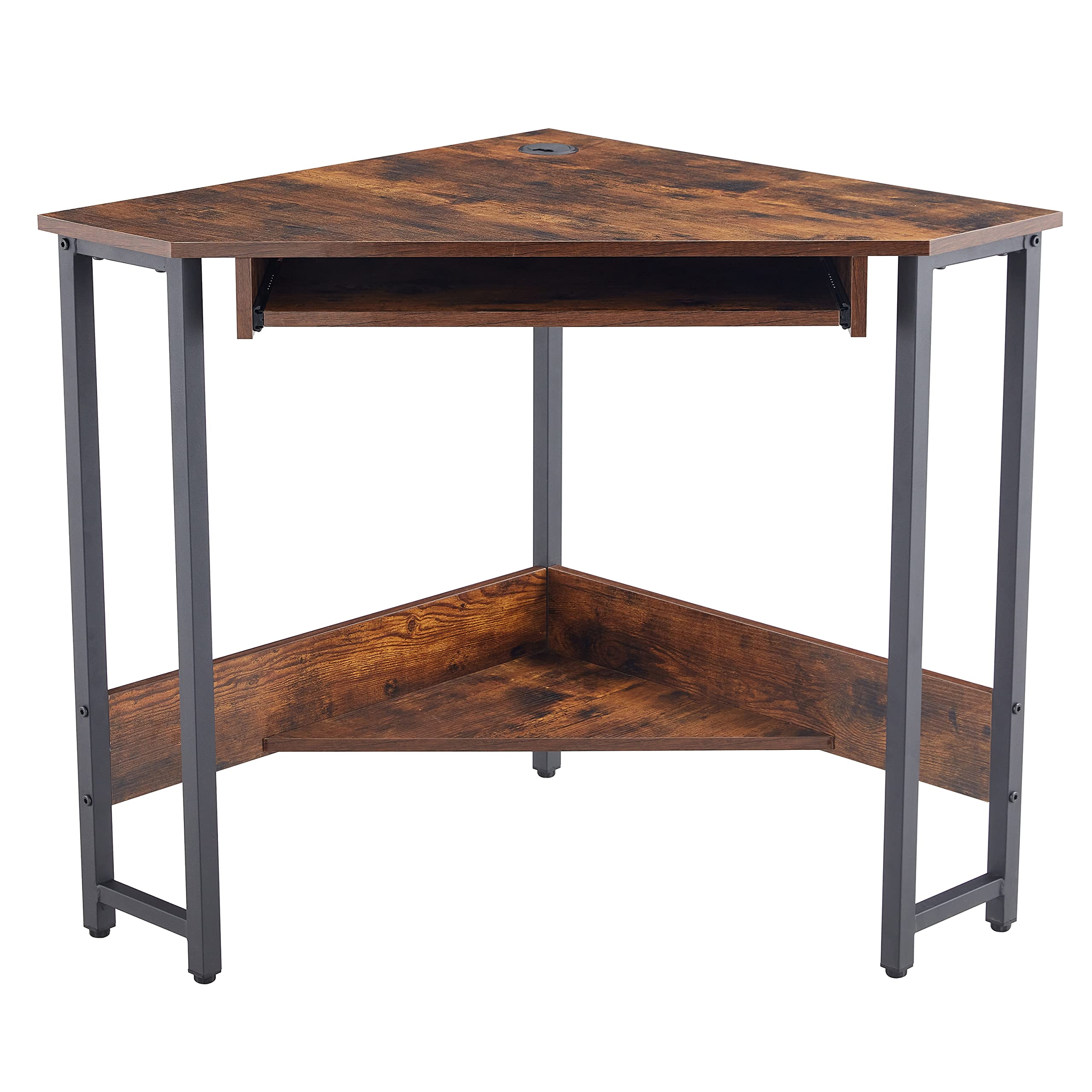 LiviNest Triangle Corner Desk - Smooth Keyboard Tray Storage Shelves Computer Corner Furniture - Home Office Laptop PC Writing Study Tables for Small Workstation Living Room Bedroom Brown